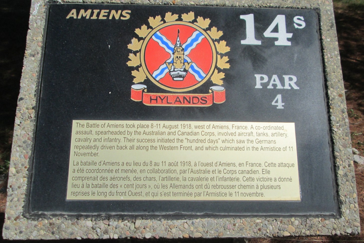 Battle of Amiens Plaque - National Inventory of Canadian Military Memorials (NICMM) - Memorials ...