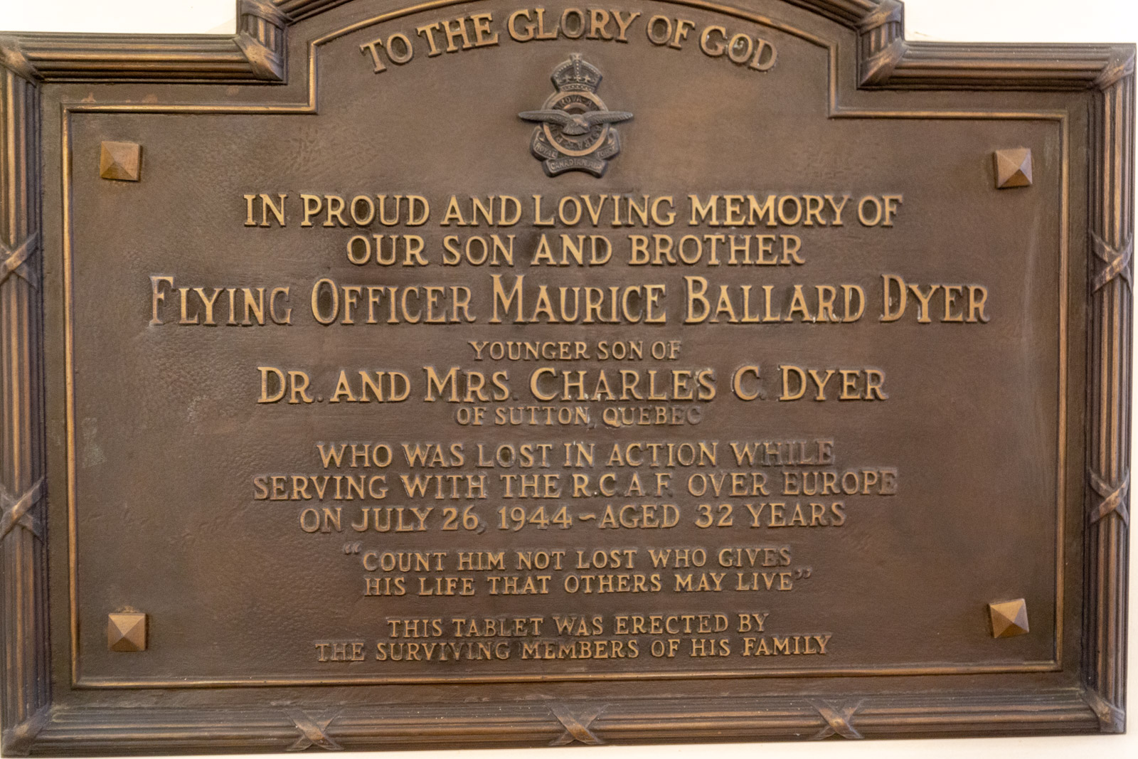 Flying Officer Maurice Ballard Dyer Plaque | Veterans Affairs Canada