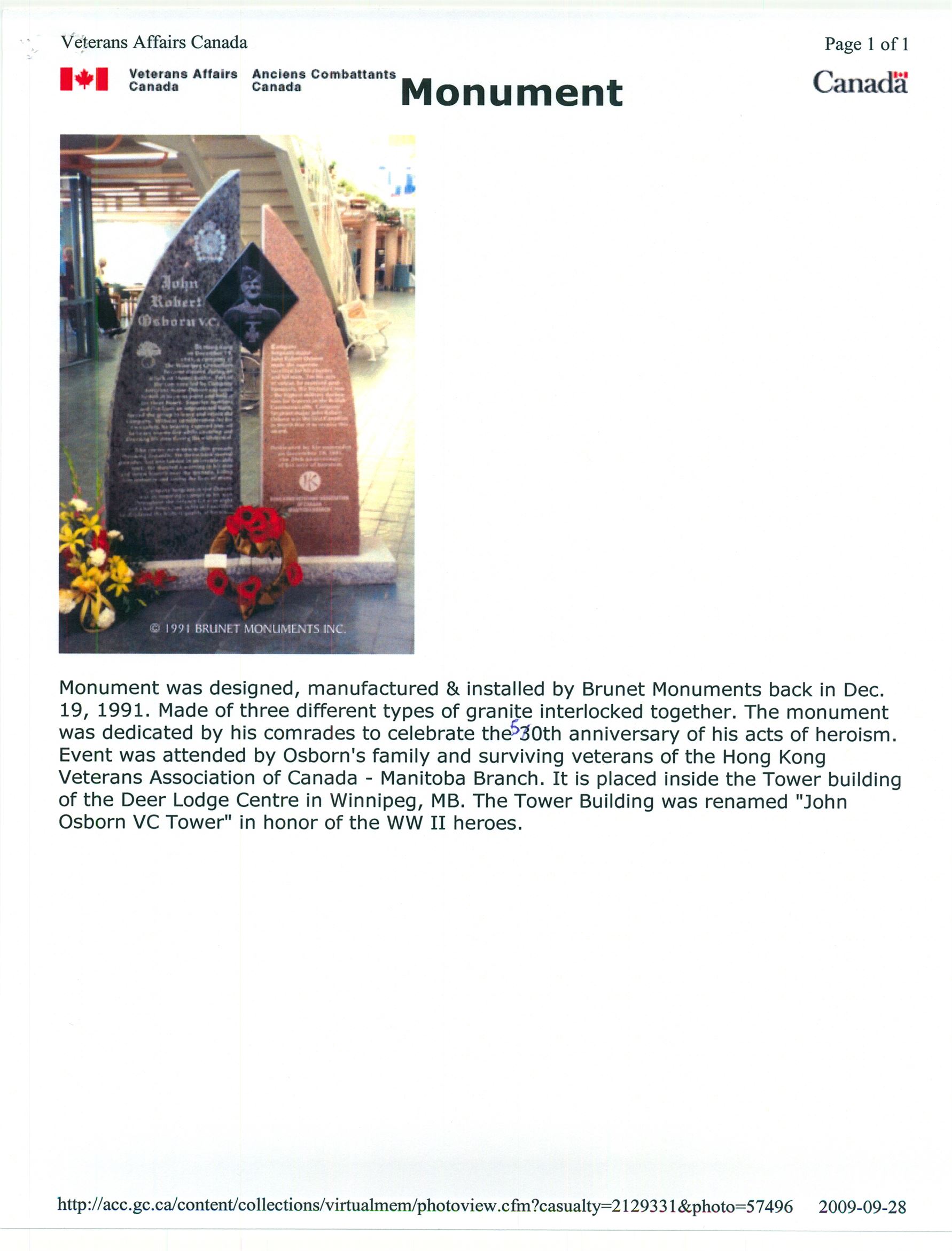 John Robert Osborn VC Memorial | Veterans Affairs Canada